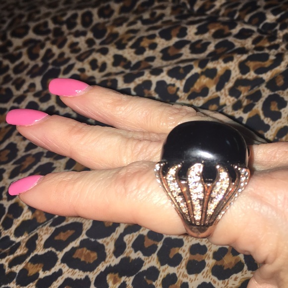 Jewelry | Rose Gold Onyx Wcrystals Costume Jewelry Ring | Poshmark